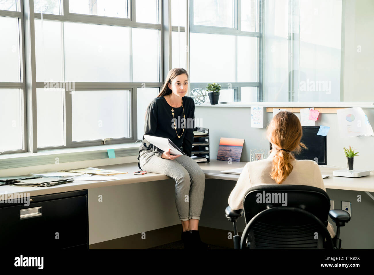 businesswomen talking while sitting in office Stock Photo - Alamy