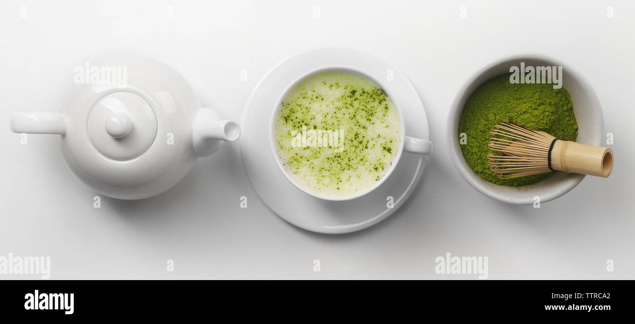 Green matcha tea set on white background Stock Photo - Alamy