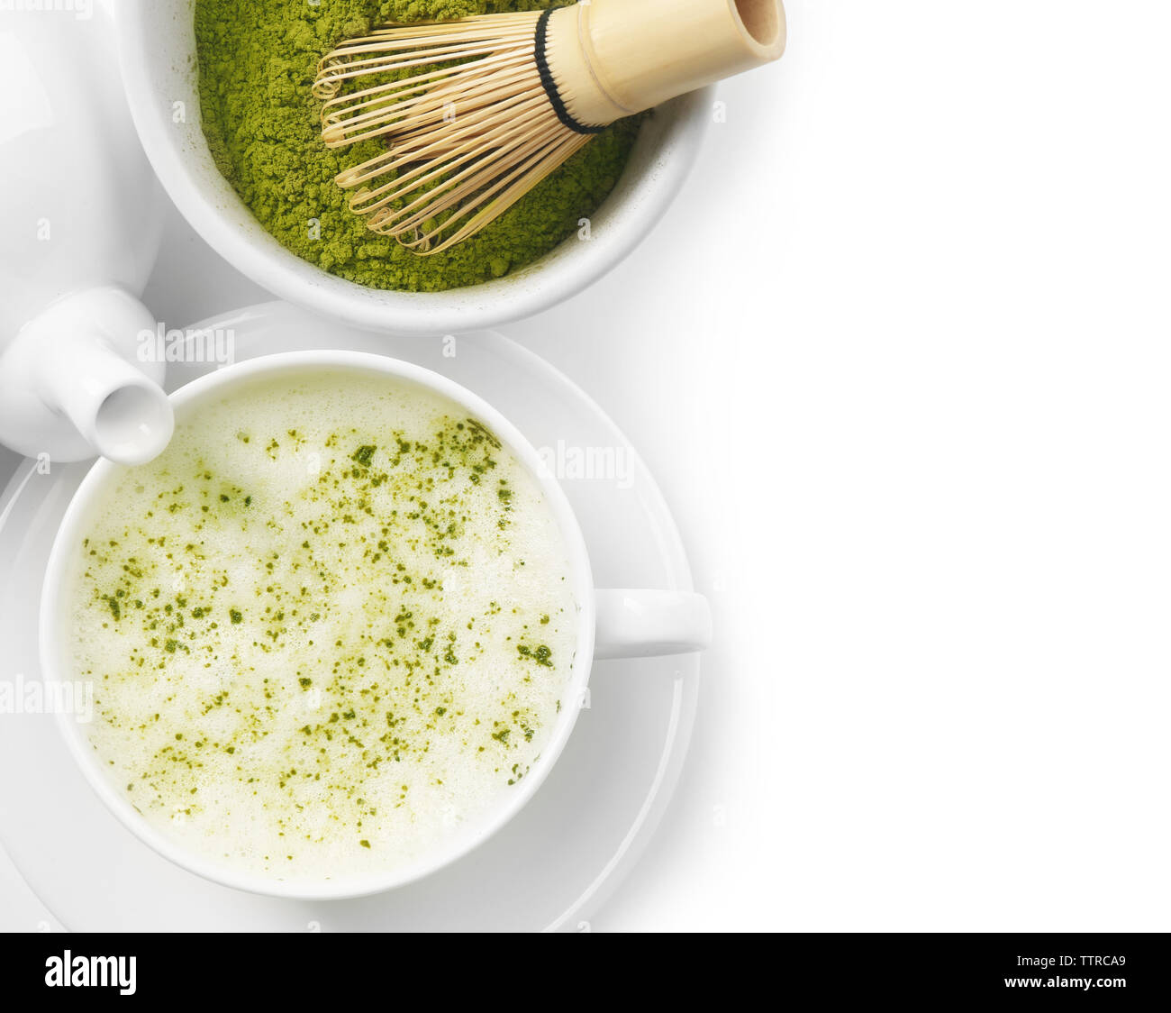 Green matcha tea set on white background Stock Photo - Alamy