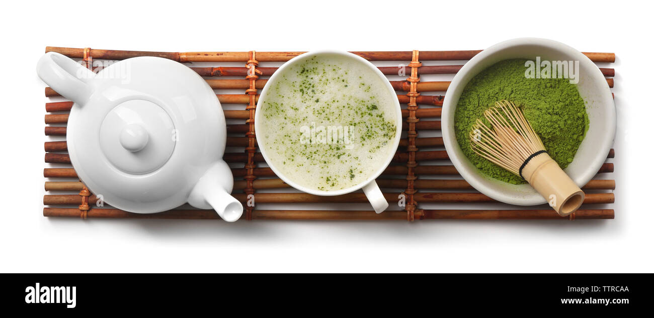 Green matcha tea set on white background Stock Photo - Alamy