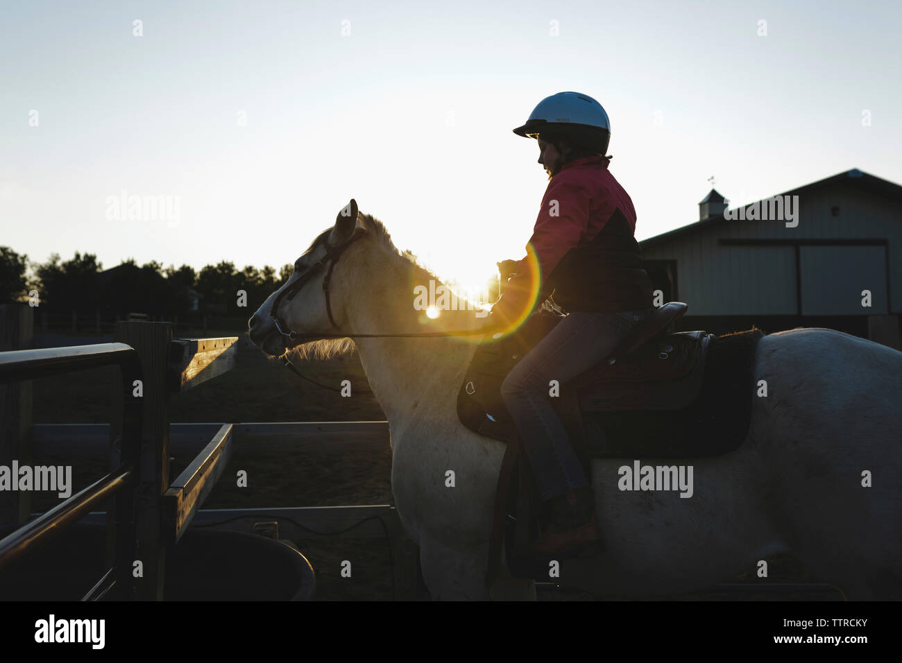 Side view of girl riding horse against clear sky at barn during sunset ...