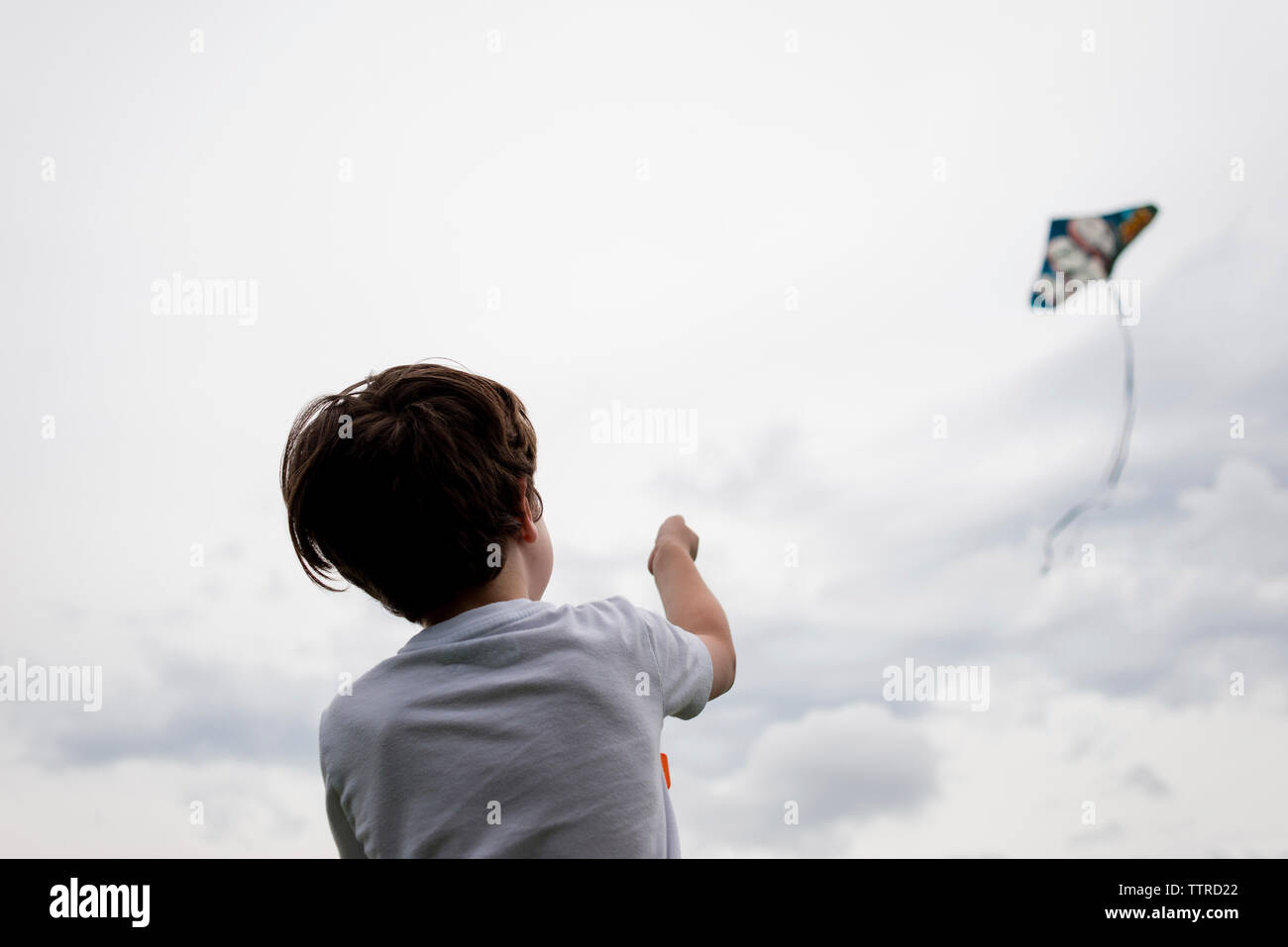 Rear view of boy flying kite in cloudy sky Stock Photo - Alamy