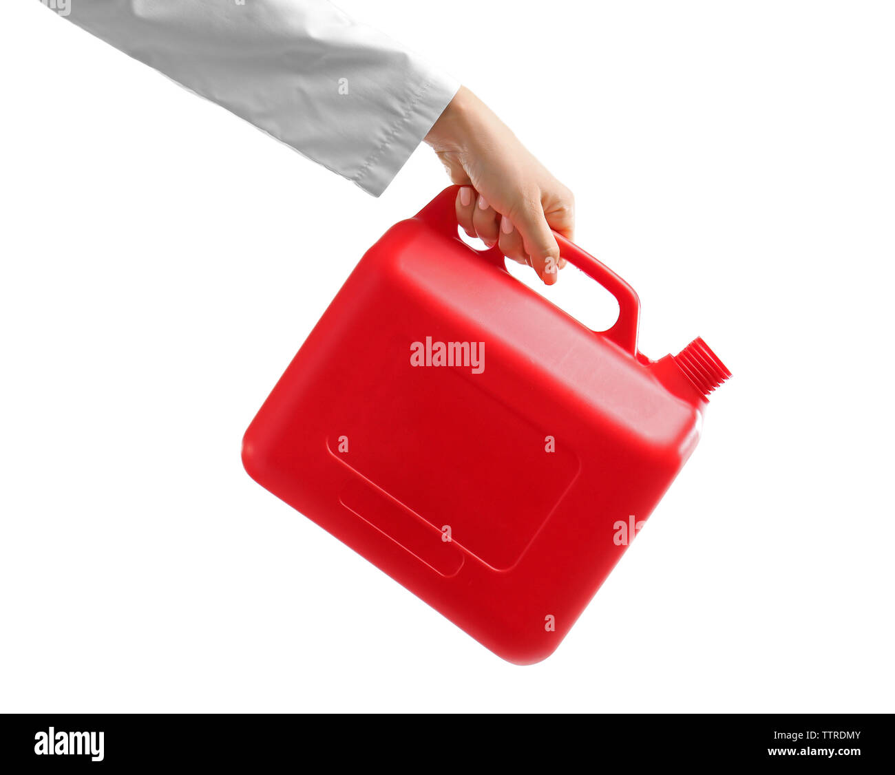 Hand holding jerrycan isolated on white Stock Photo - Alamy
