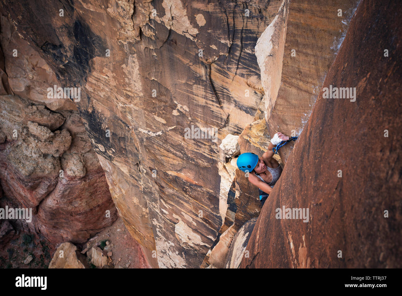 High angle view of hiker climbing mountains at Red Rock Canyon National ...