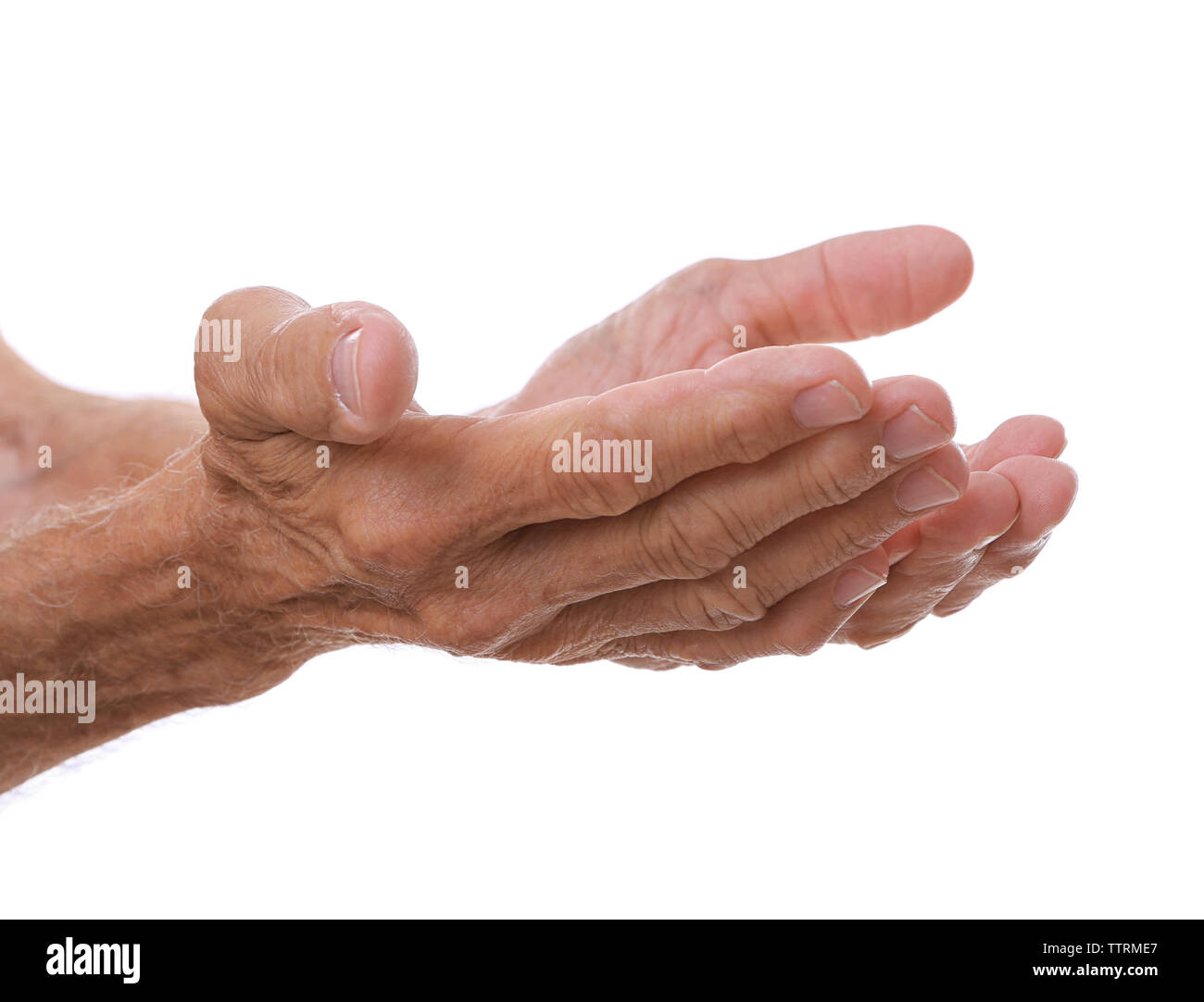 Old man open palms on a white background Stock Photo - Alamy