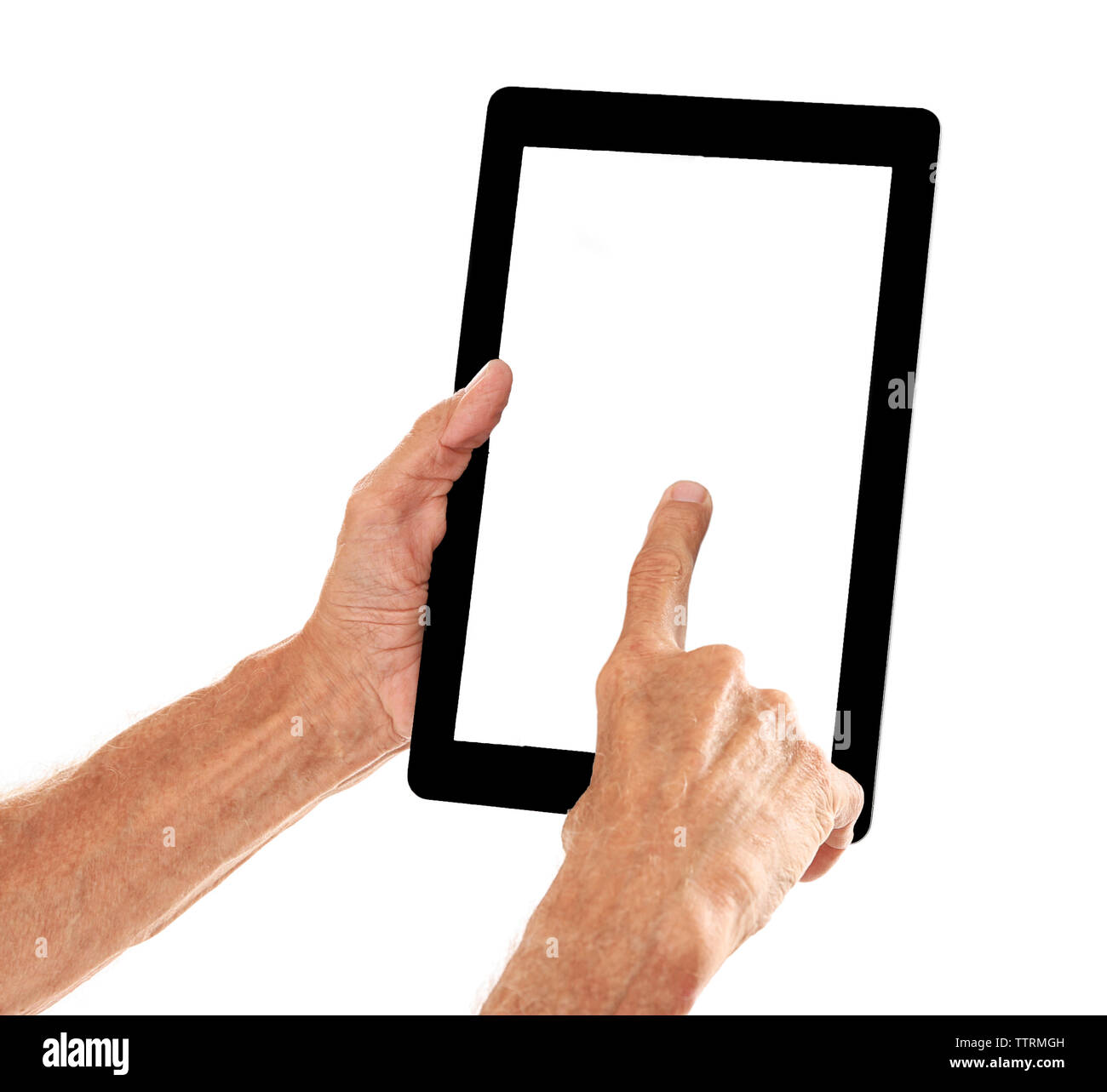 Old man holding tablet on a white background Stock Photo - Alamy