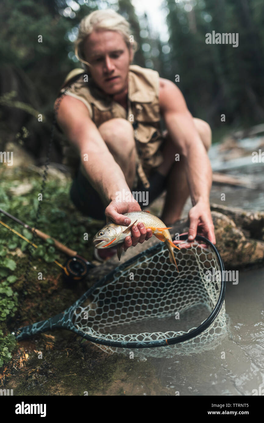 Man holding fish while crouching at riverbank in forest Stock Photo - Alamy