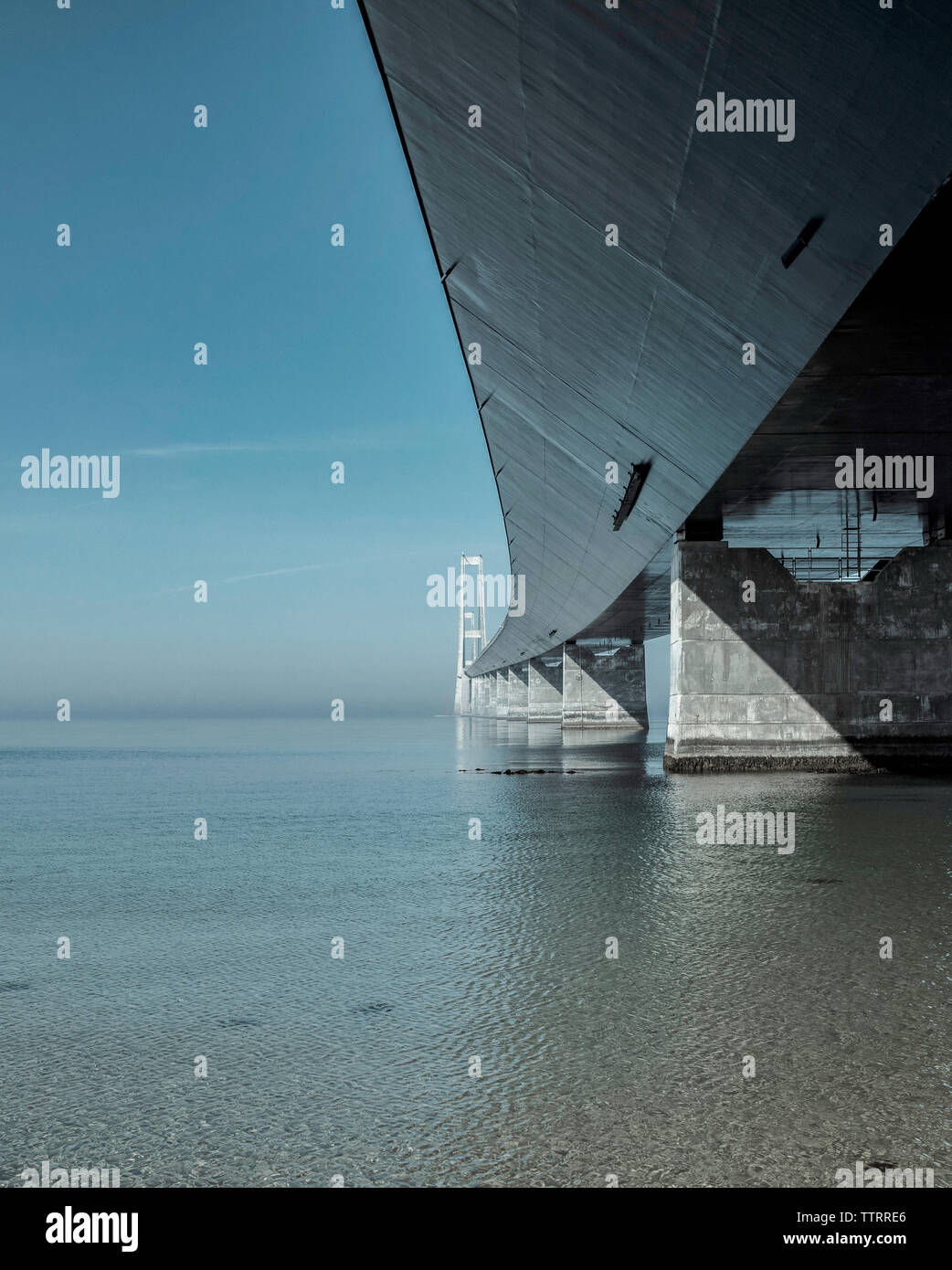 The Great Belt Bridge, below shot of concrete engineering construction ...