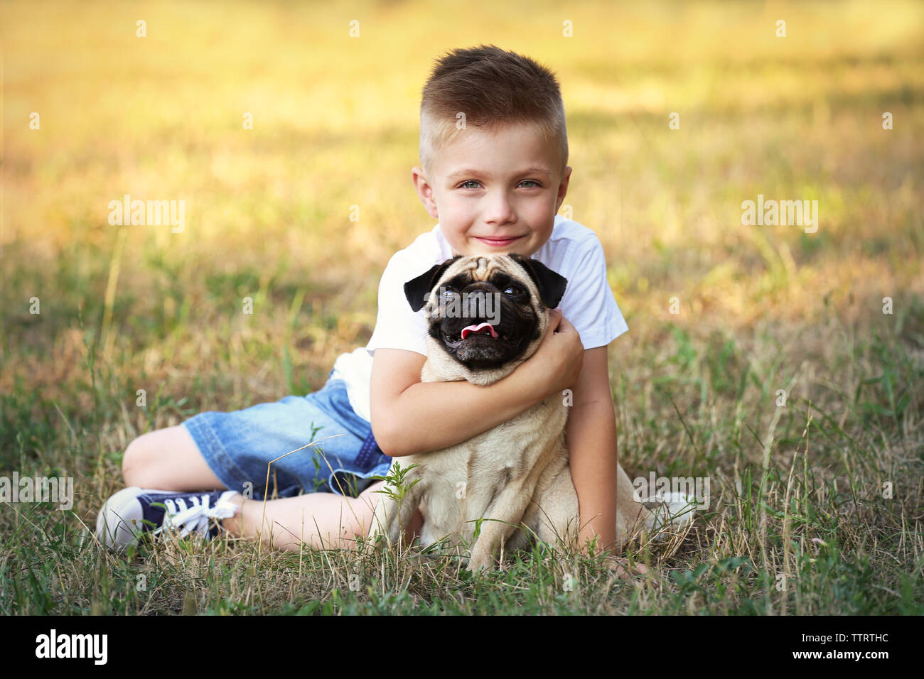 Cute boy with pug dog on green grass Stock Photo - Alamy