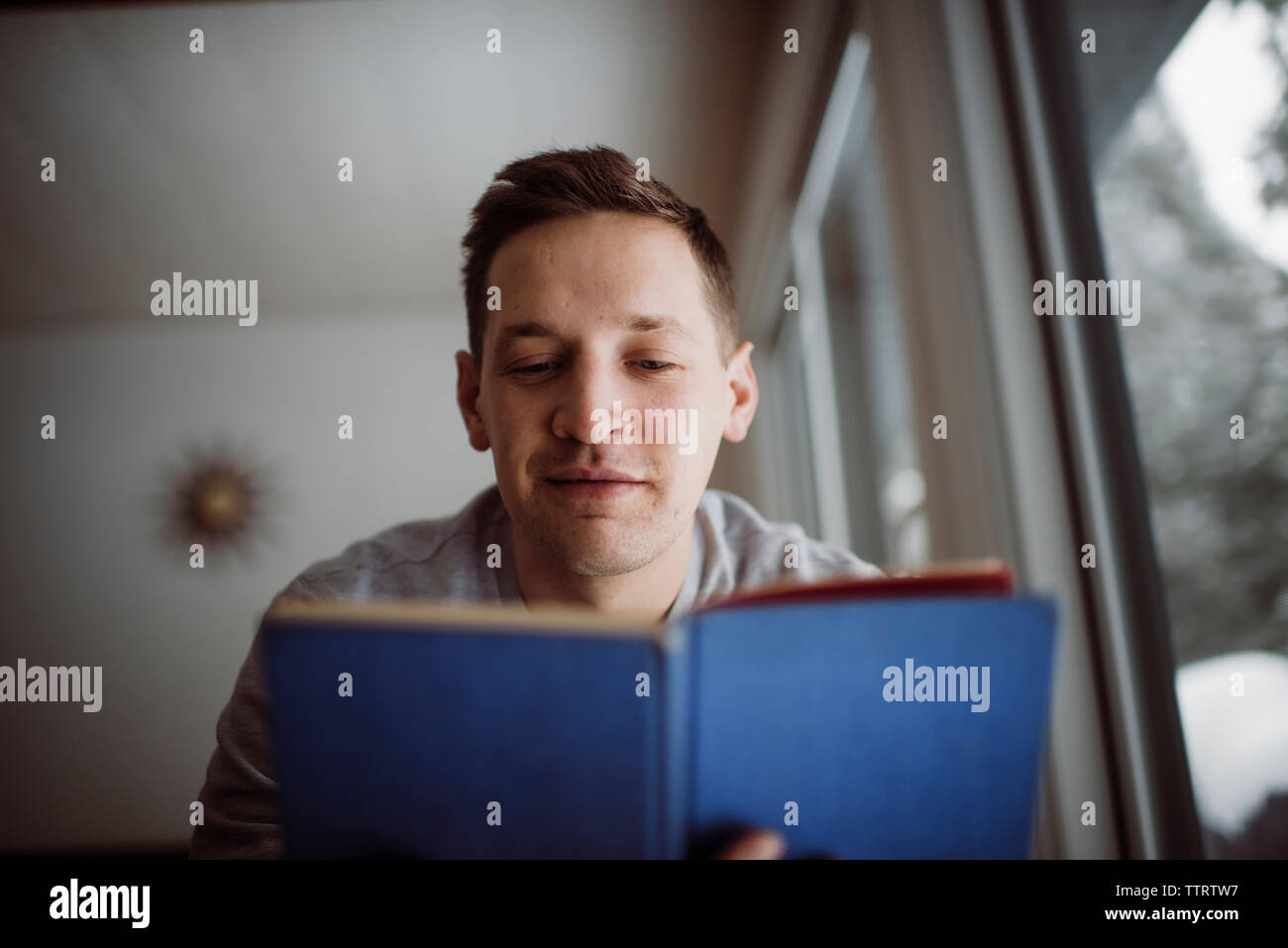 Low angle view of man reading book while sitting by window at home Stock Photo - Alamy