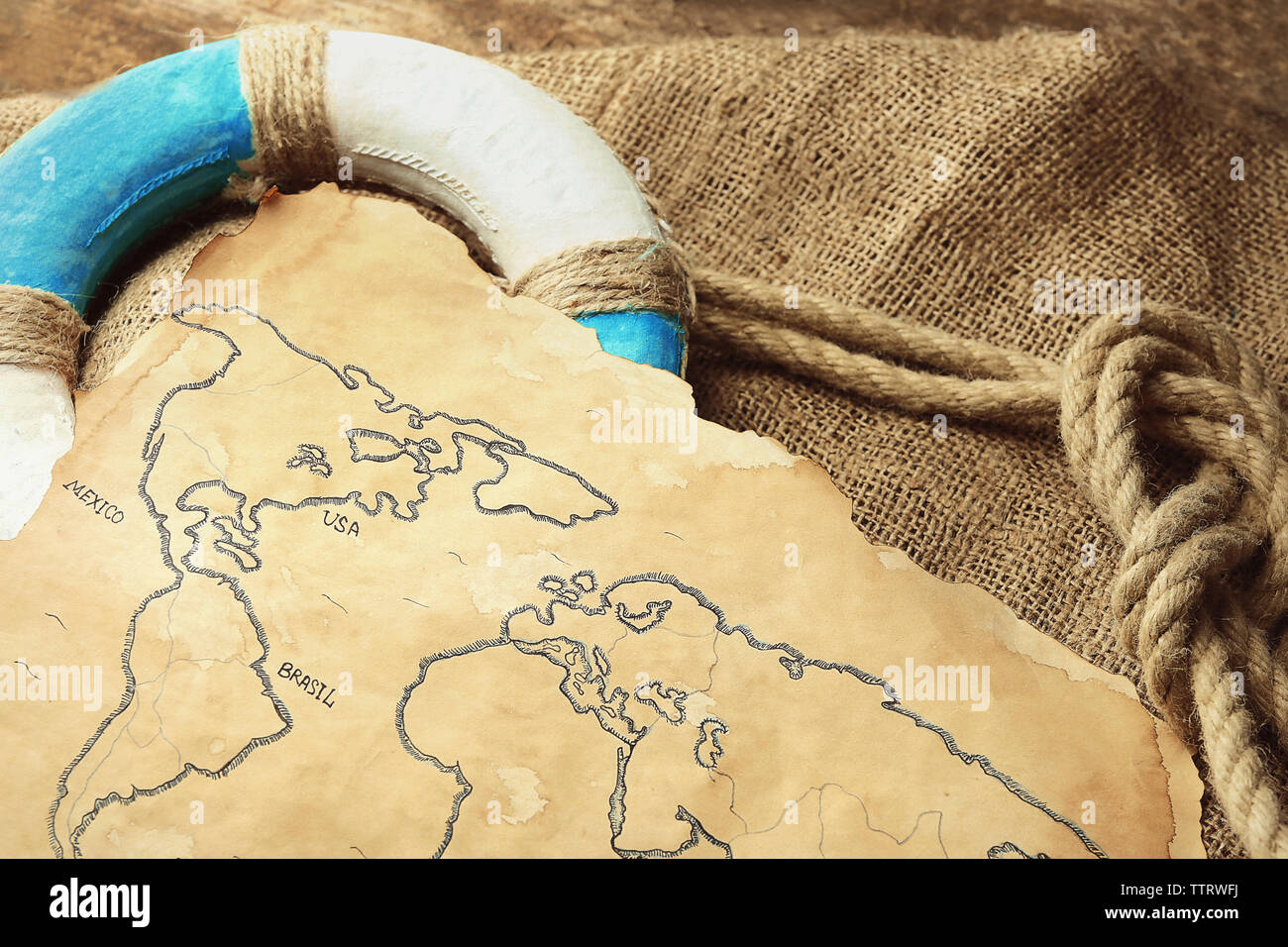 Lifebuoy with old map. Happy Columbus day concept. Happy Columbus day ...