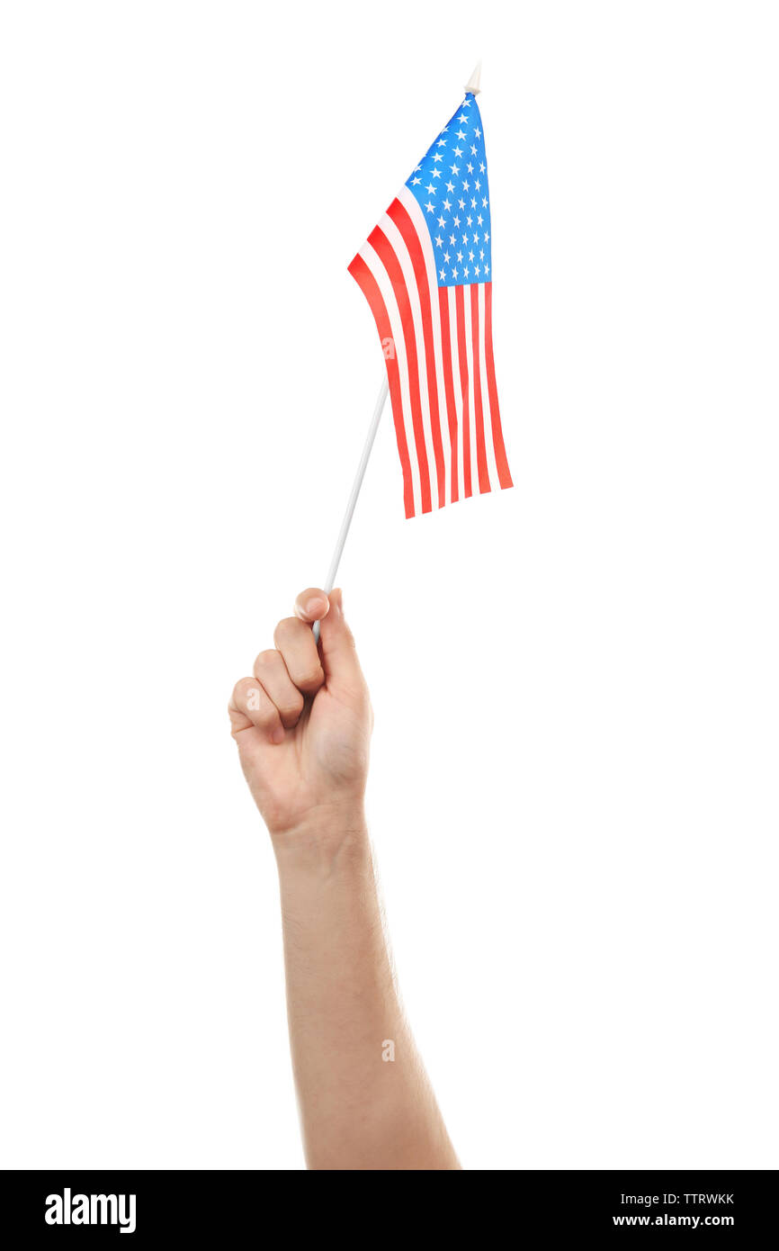 Male hand holding American flag, isolated on white Stock Photo - Alamy
