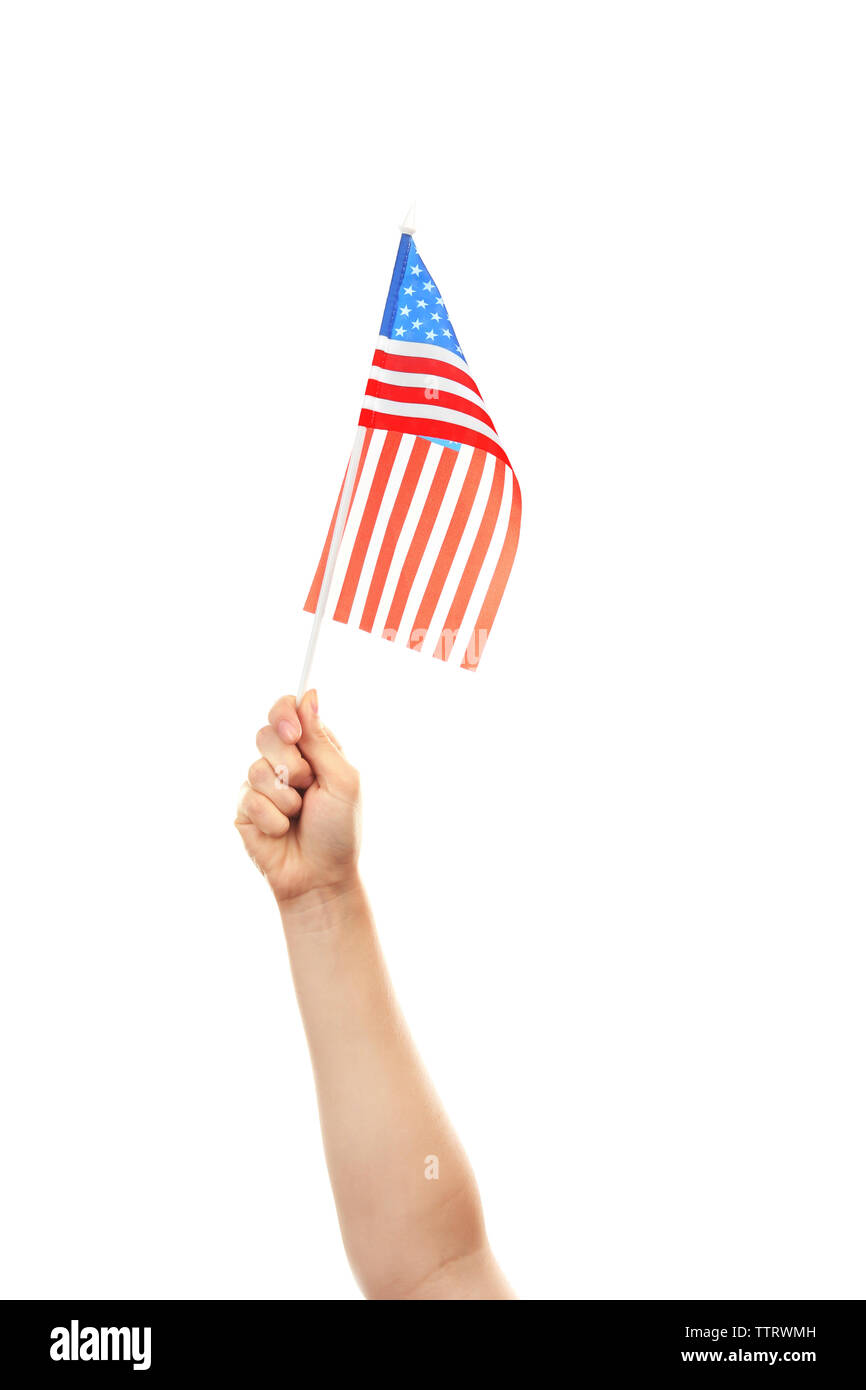 Female hand holding American flag, isolated on white Stock Photo - Alamy