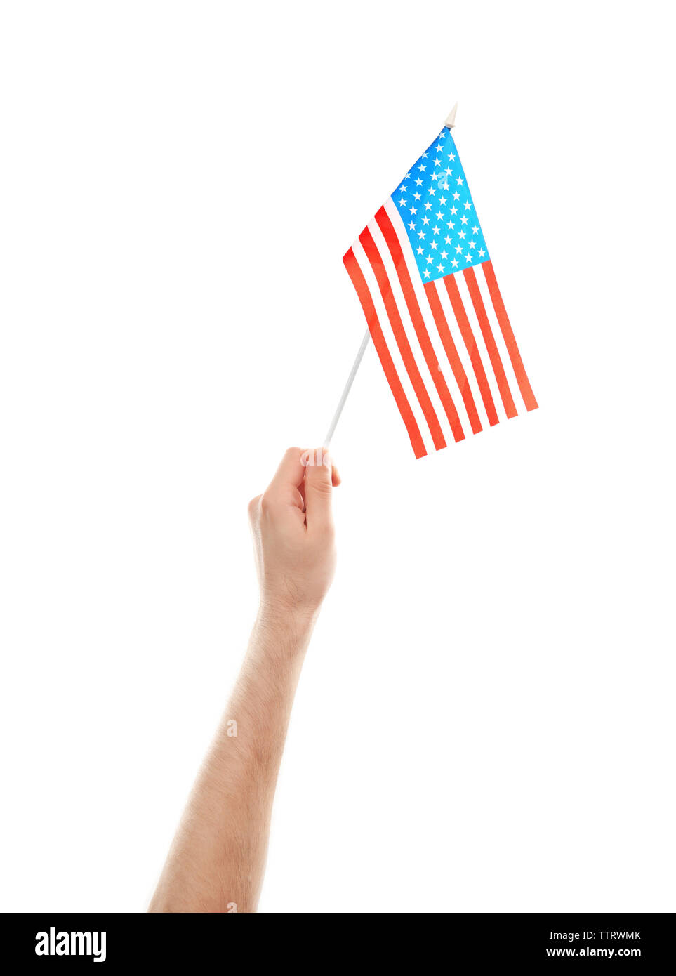 Male hand holding American flag, isolated on white Stock Photo - Alamy