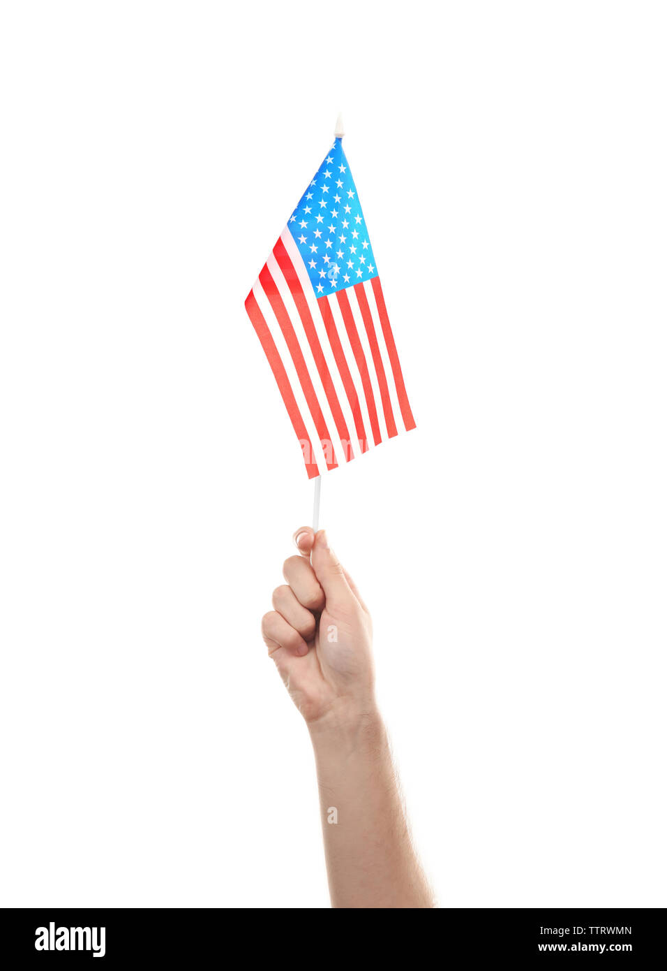 Male hand holding American flag, isolated on white Stock Photo - Alamy
