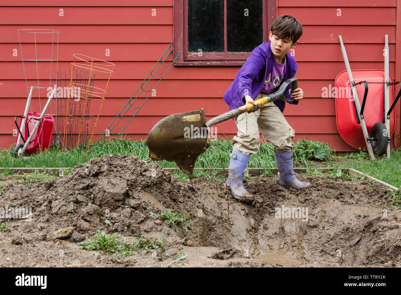 boy digging field with spade while gardening at backyard Stock Photo ...