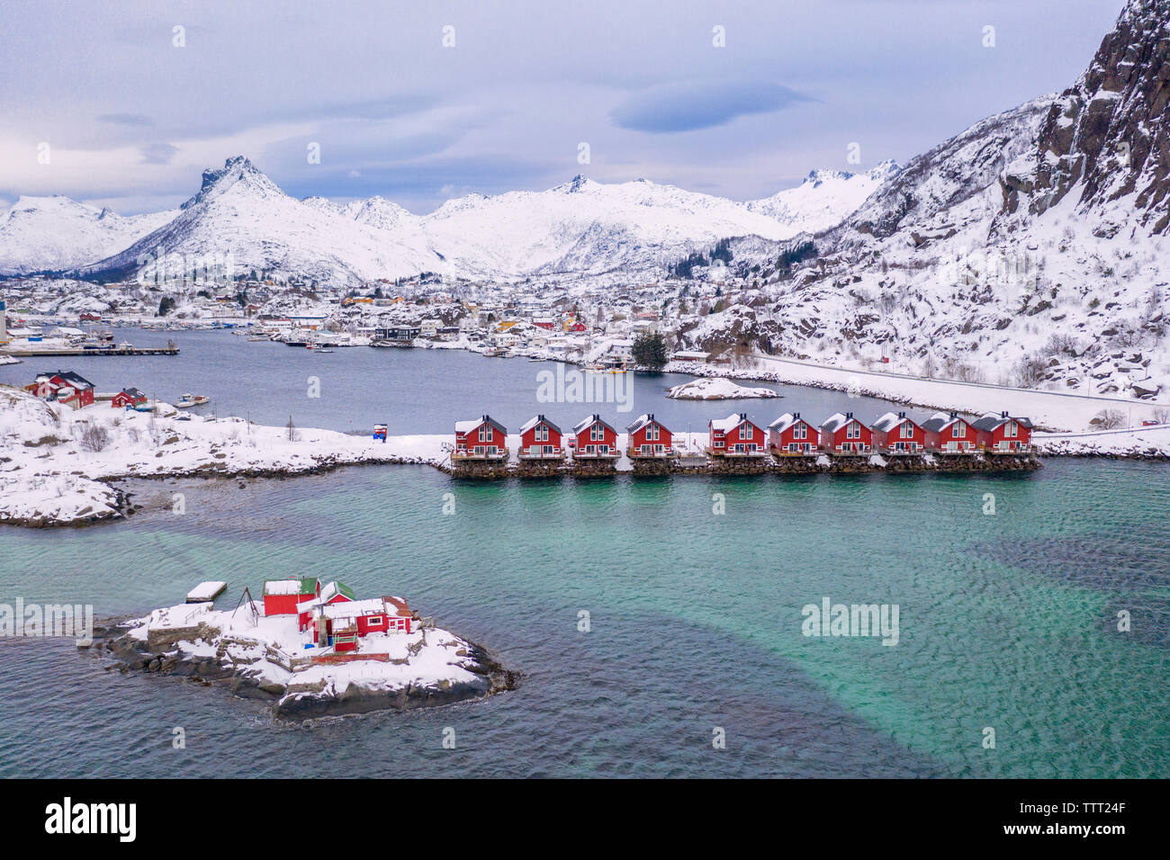 Aerial view of fishermen's red cabins (Rorbu) in a row, Svolvaer ...
