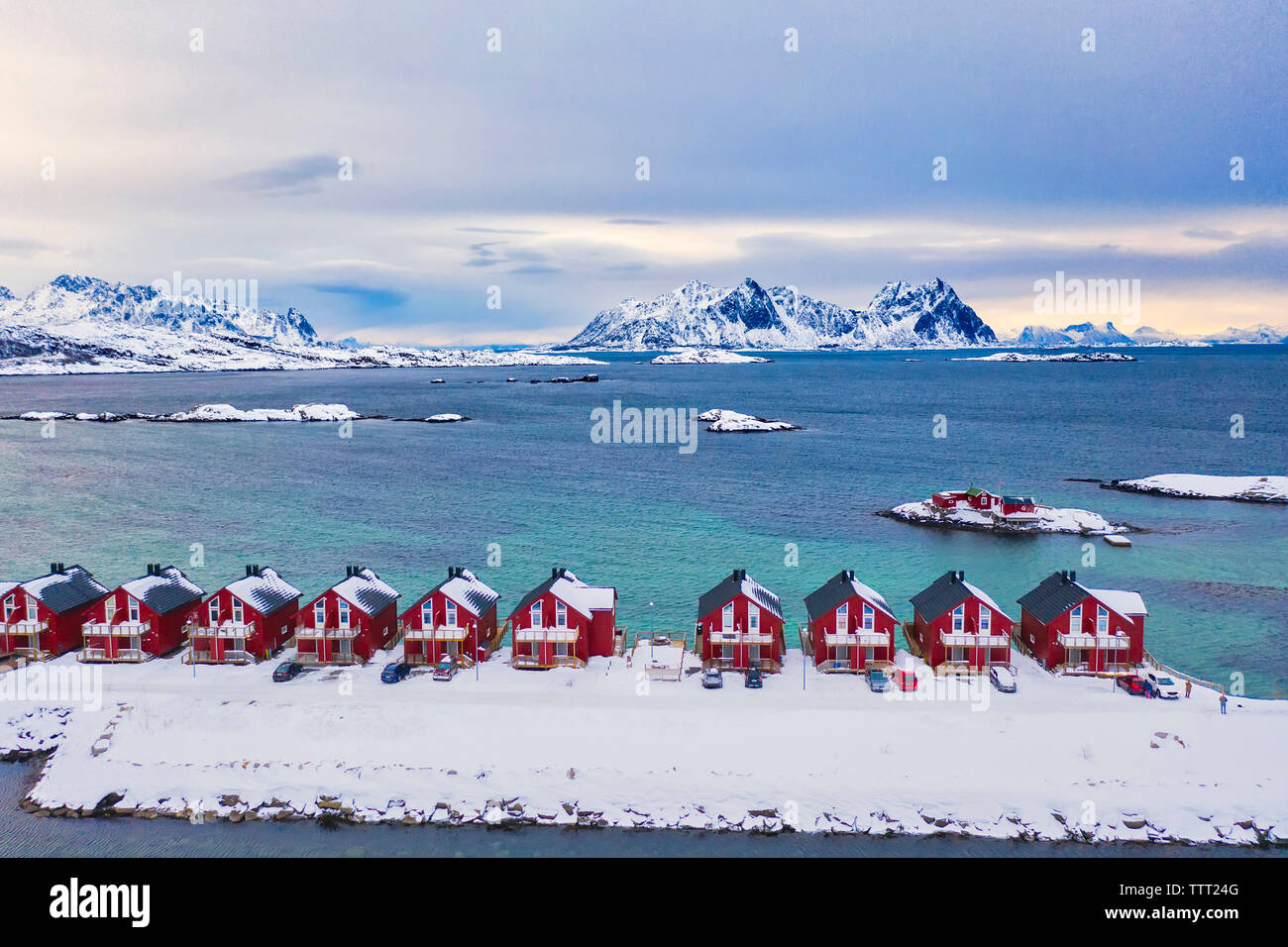 Aerial view of fishermen's red cabins (Rorbu) in a row, Svolvaer ...