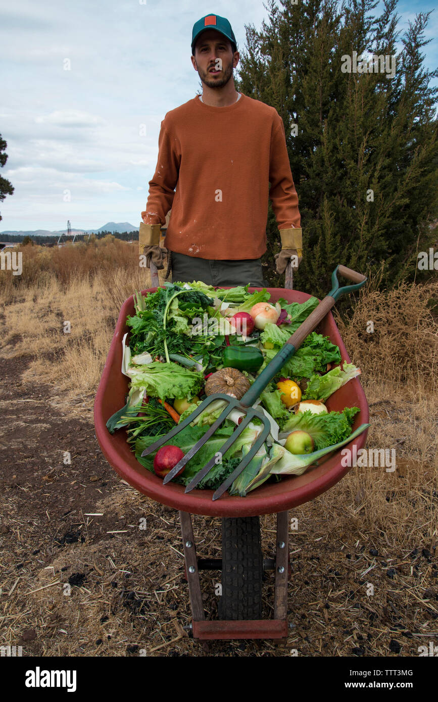 Portrait of man carrying fruits and vegetables in wheelbarrow Stock ...