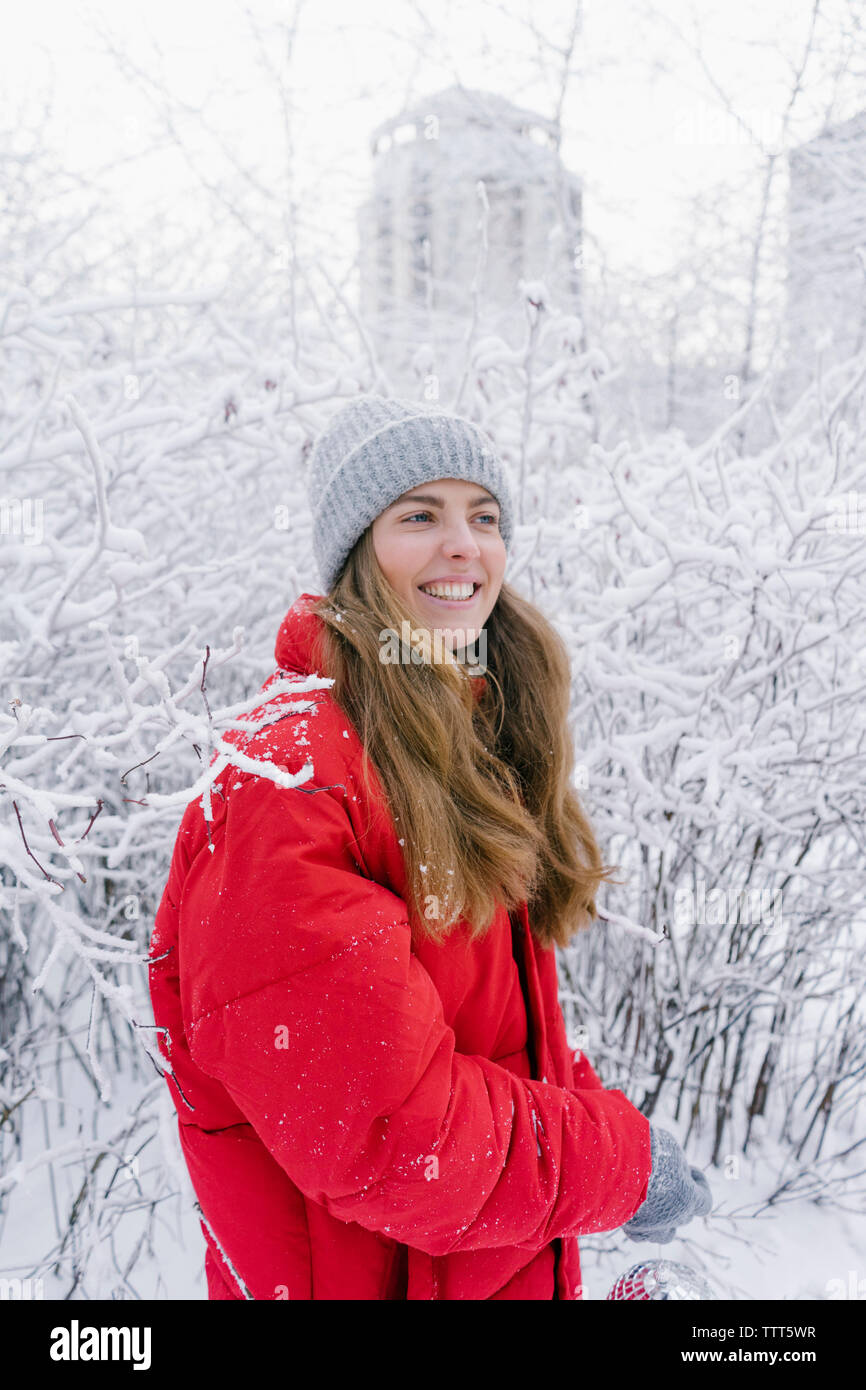 Winter portrait Beautiful young woman smiling snow tree Stock Photo - Alamy