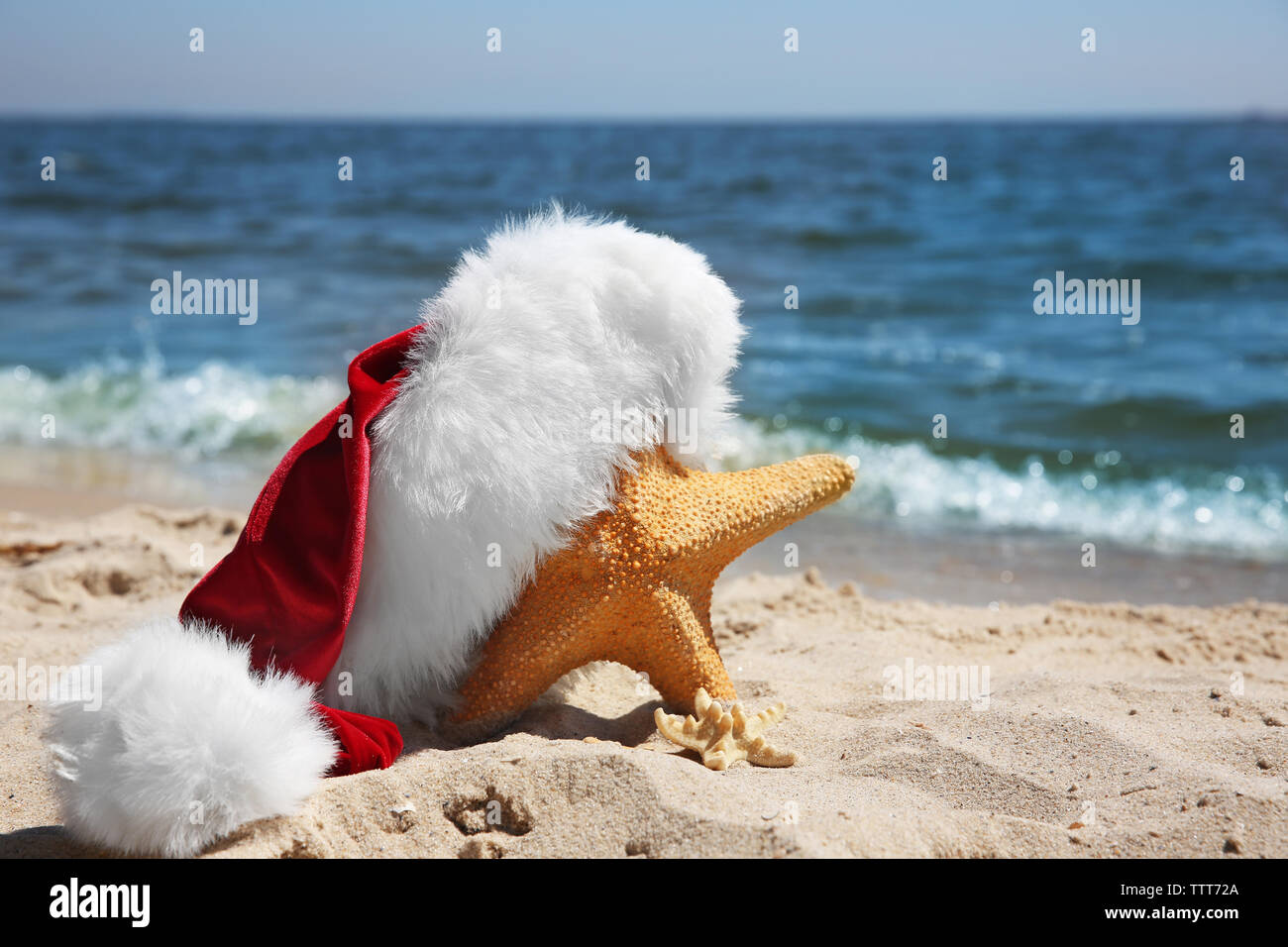 Santa hat with sea stars on beach Stock Photo - Alamy
