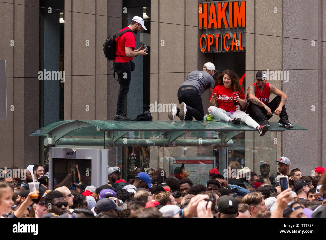 Toronto, ON, Canada - June 17, 2019 - Fans on bus stor roof as the ...