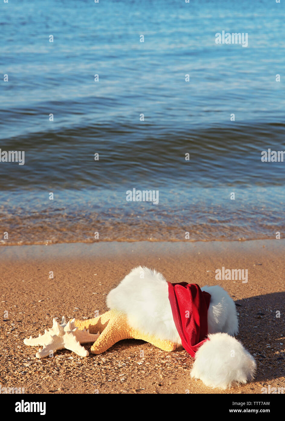 Santa hat with sea stars on beach. Christmas holiday concept Stock ...