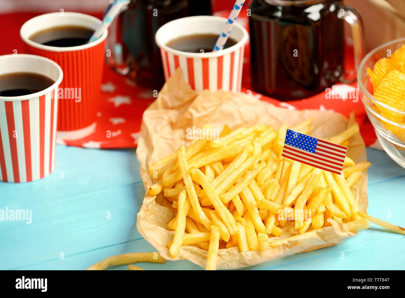 American traditional food on national flag background Stock Photo - Alamy