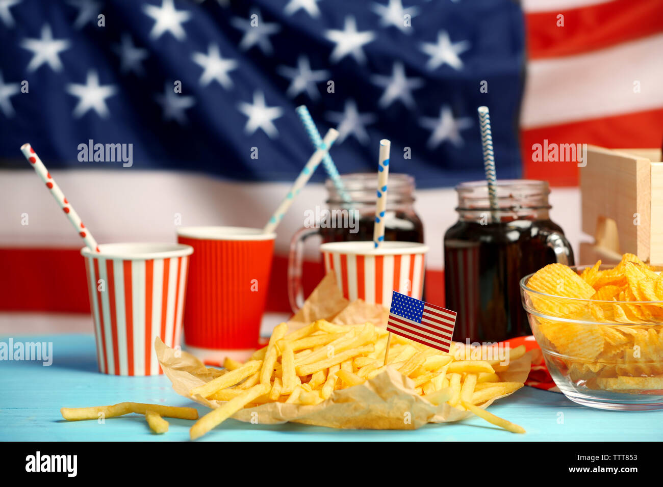 American traditional food on national flag background Stock Photo - Alamy