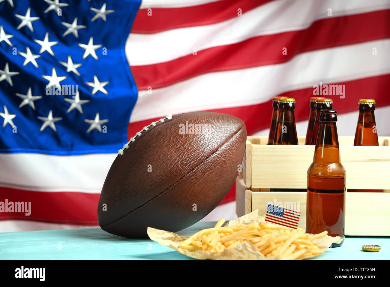 American traditional food with rugby ball on national flag background ...