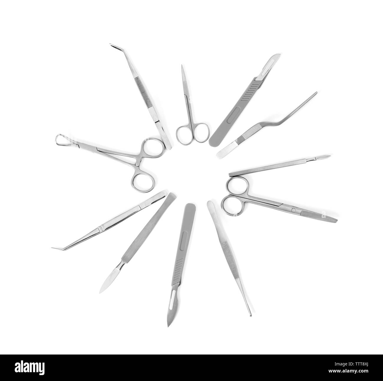 Flat lay of medical instruments on white background Stock Photo - Alamy