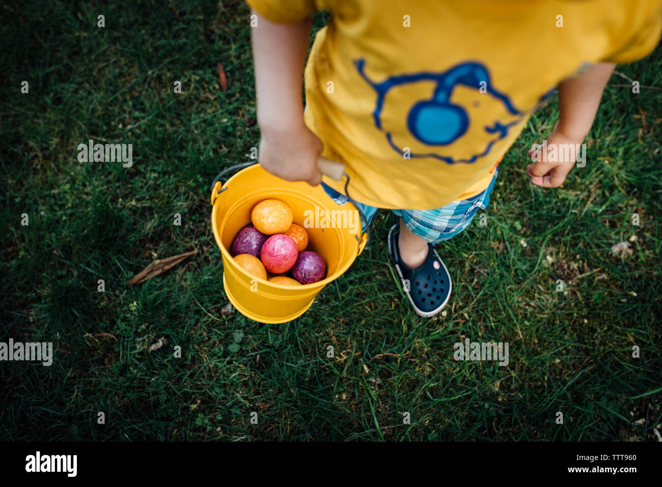 Little boy finding Easter eggs in Spring on an Egg hunt Stock Photo - Alamy