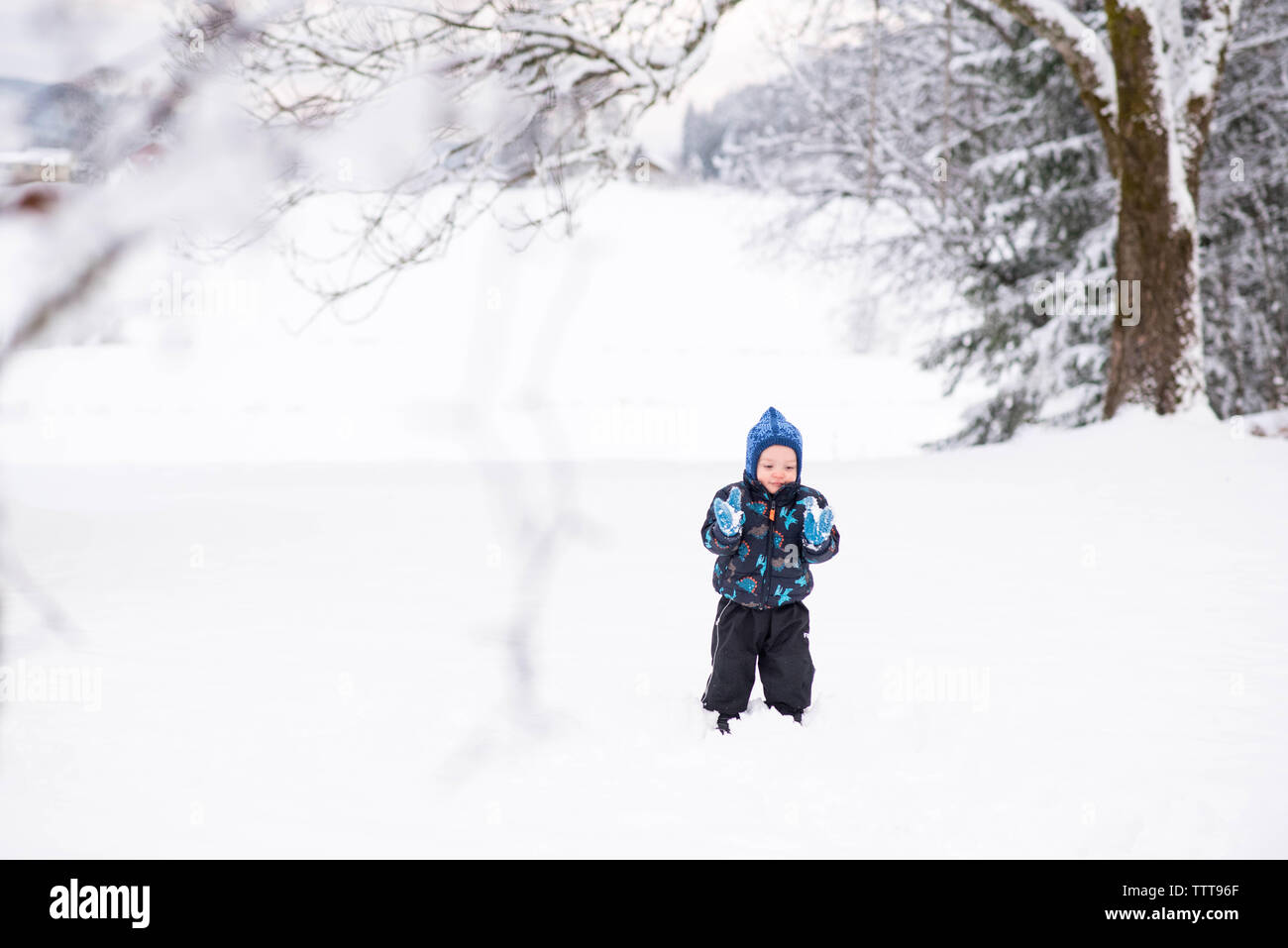 Boy kid child playing with snow in cold winter wonderland Stock Photo ...