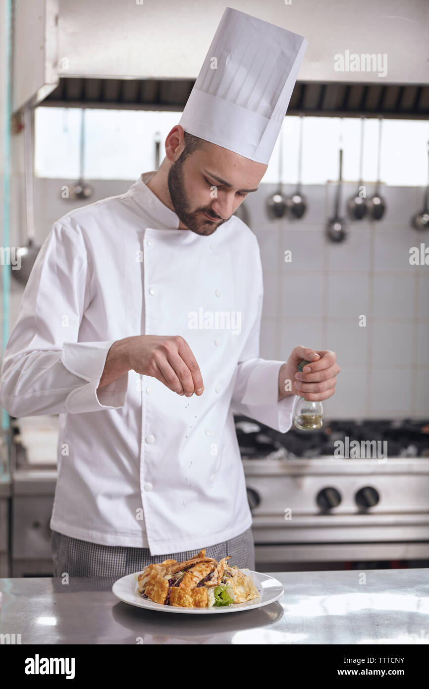 Chef sprinkling seasoning on food in plate at commercial kitchen Stock ...