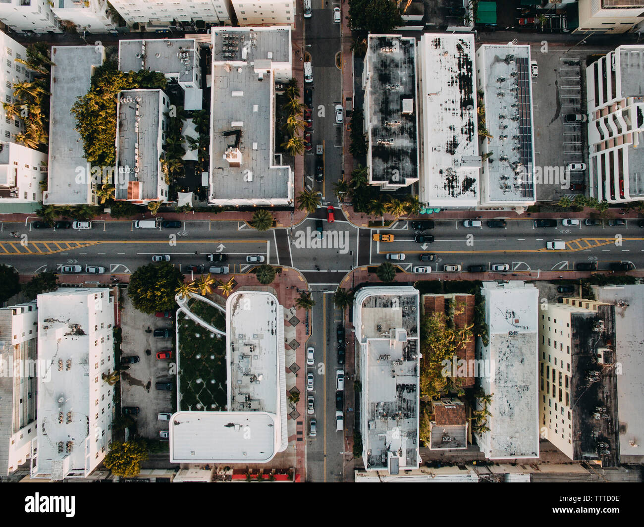 Overhead view of road amidst buildings in city Stock Photo - Alamy