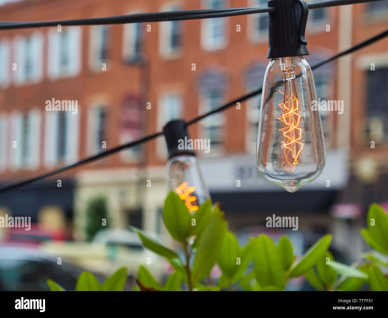 string of Edison type light bulbs against a street scene Stock Photo ...