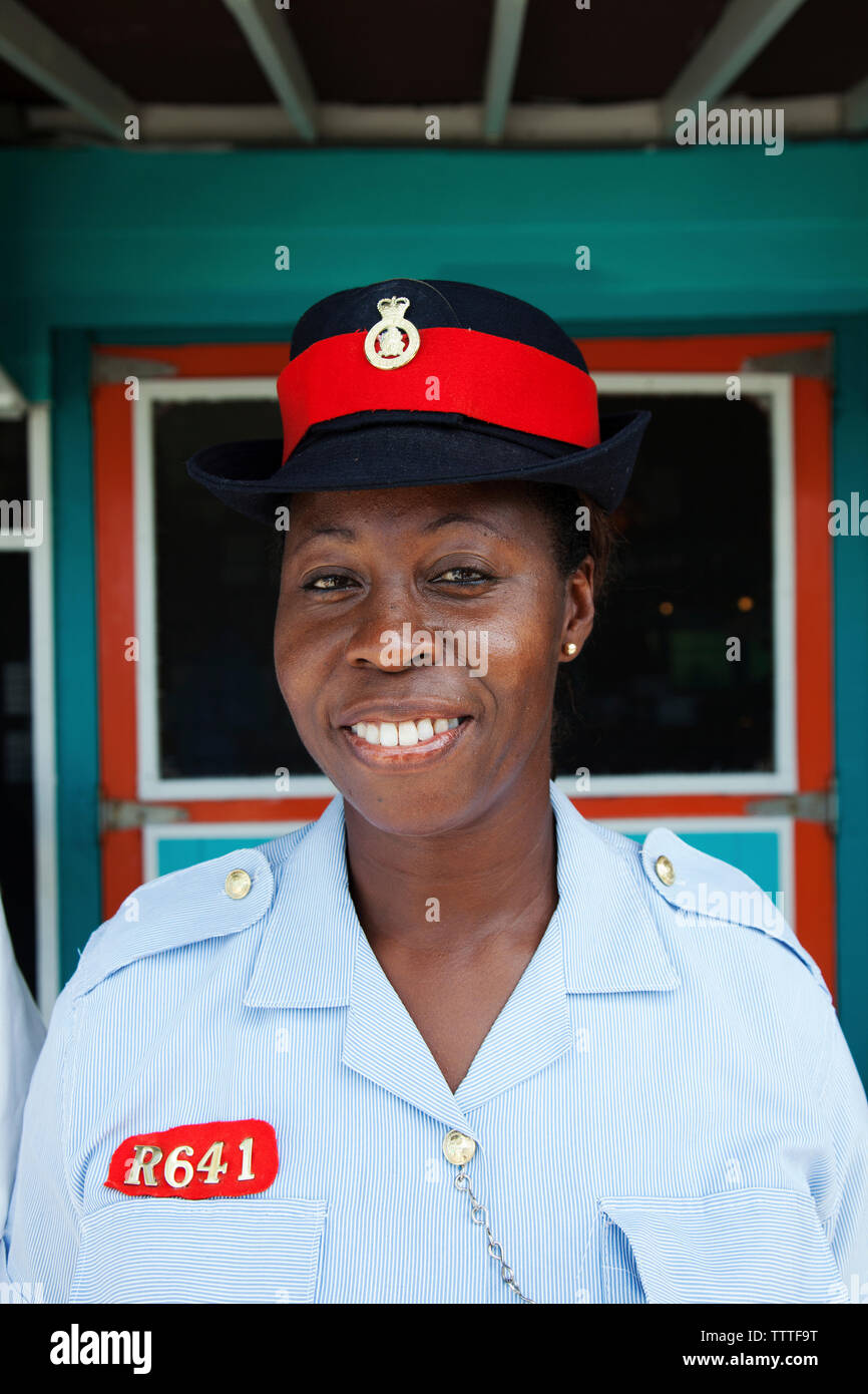 EXUMA, Bahamas. A local police woman at the Staniel Cay Yacht Club at ...