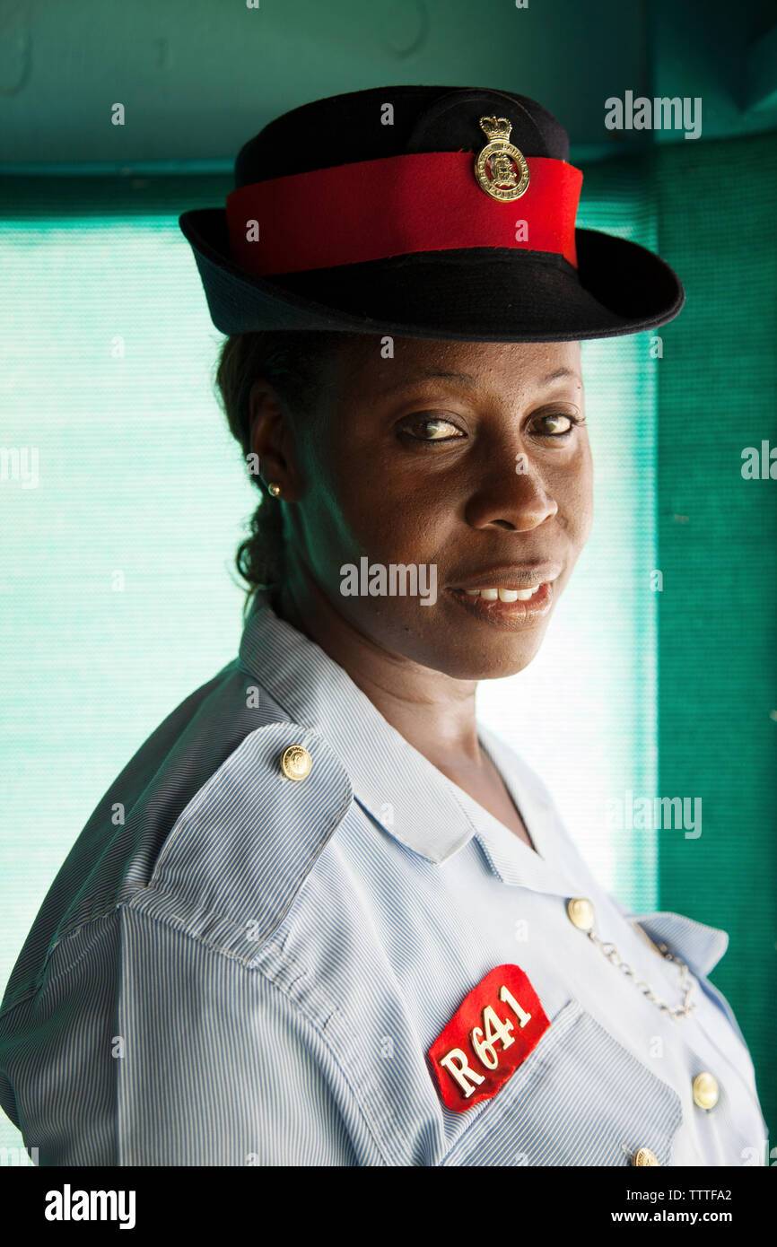 EXUMA, Bahamas. A local police woman at the Staniel Cay Yacht Club at ...