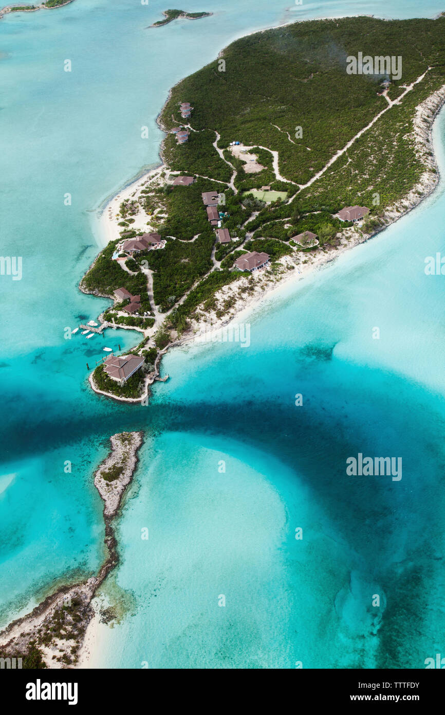 EXUMA, Bahamas. A view from the plane of the Fowl Cay Resort Stock ...
