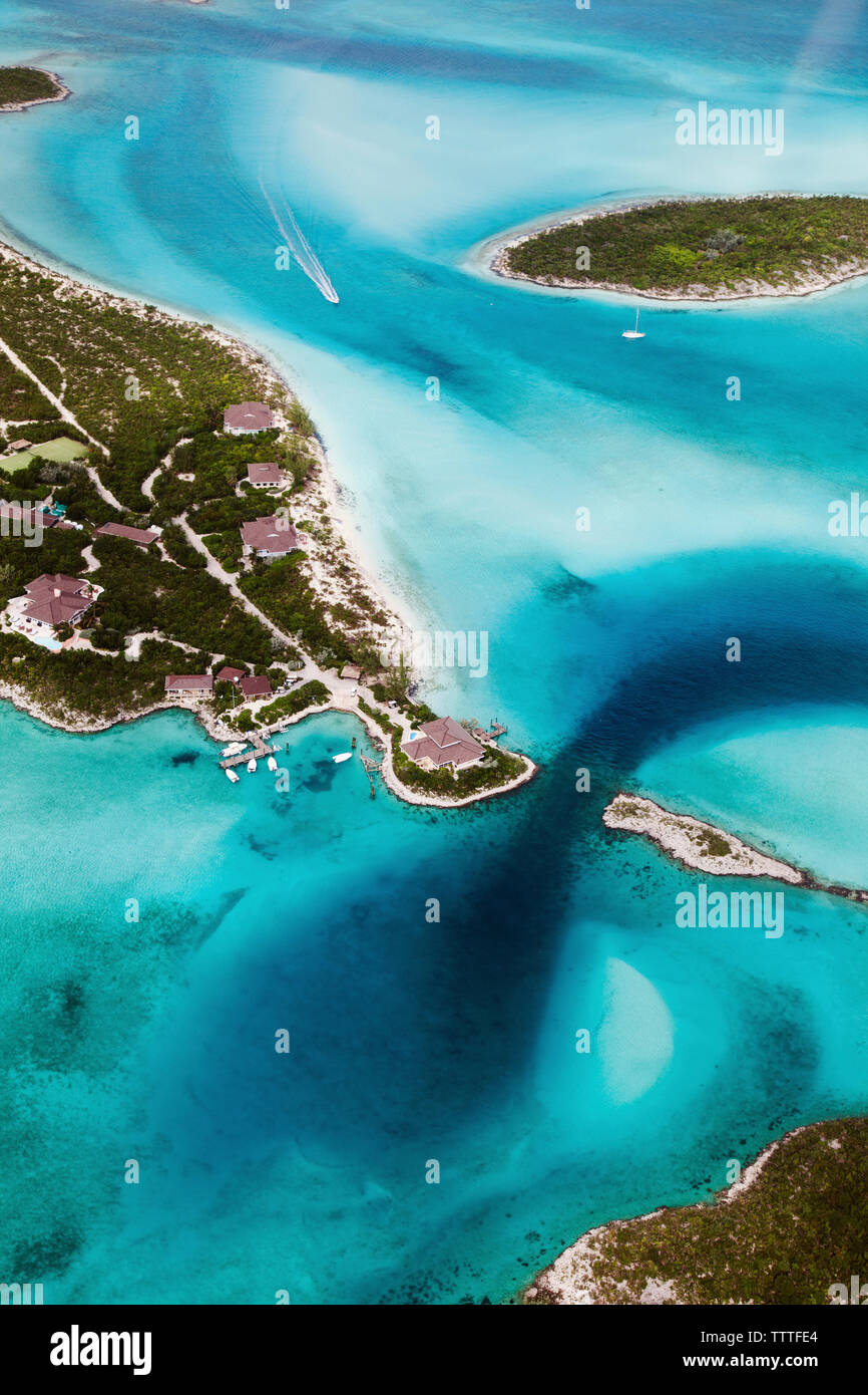 EXUMA, Bahamas. A view from the plane of the Fowl Cay Resort Stock ...