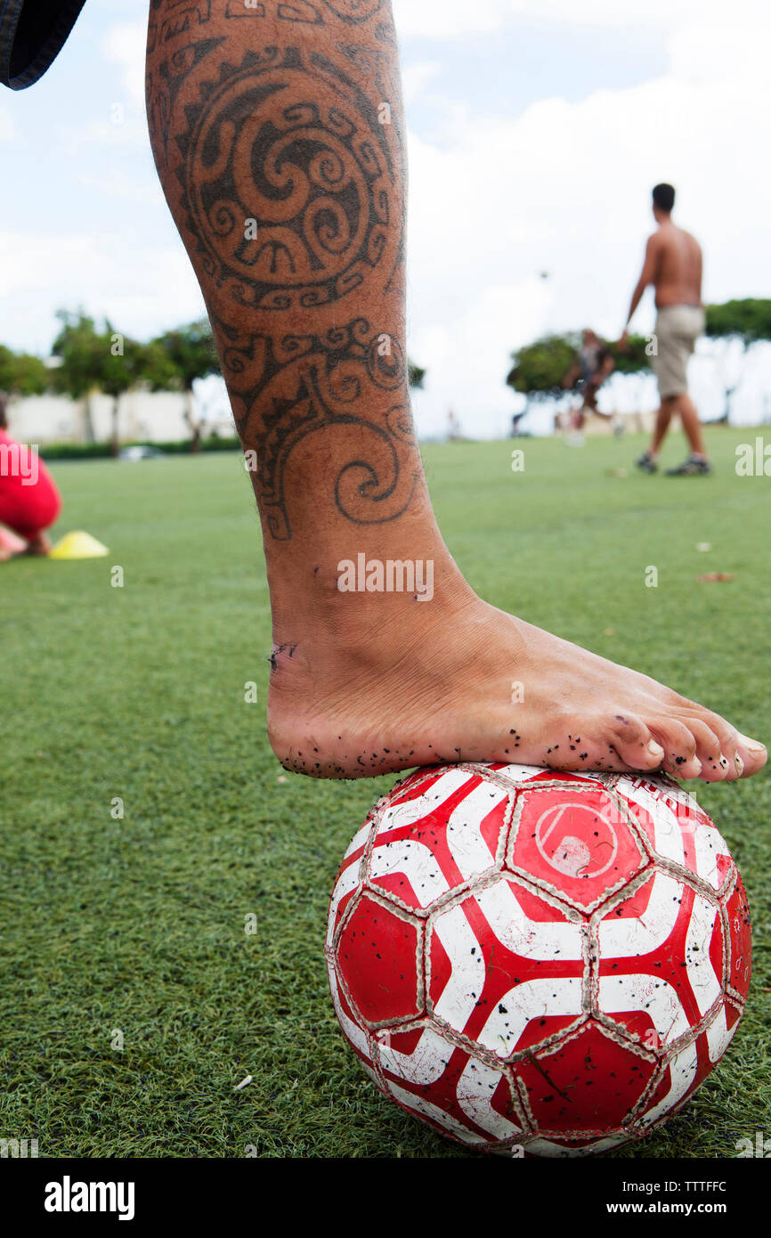 FRENCH POLYNESIA, Tahiti, Papeete. A soccer game between locals at the ...