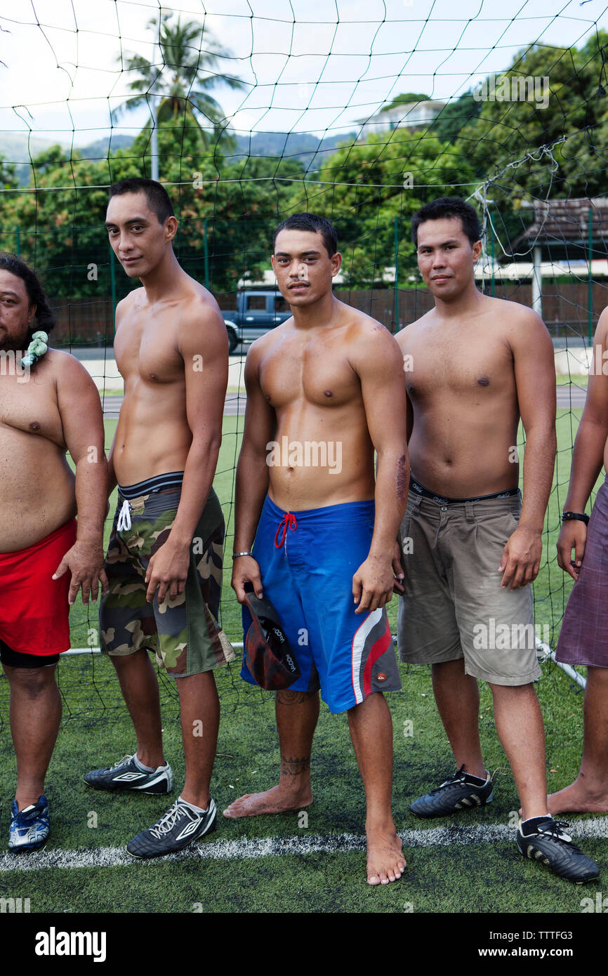FRENCH POLYNESIA, Tahiti, Papeete. A soccer game between locals at the ...