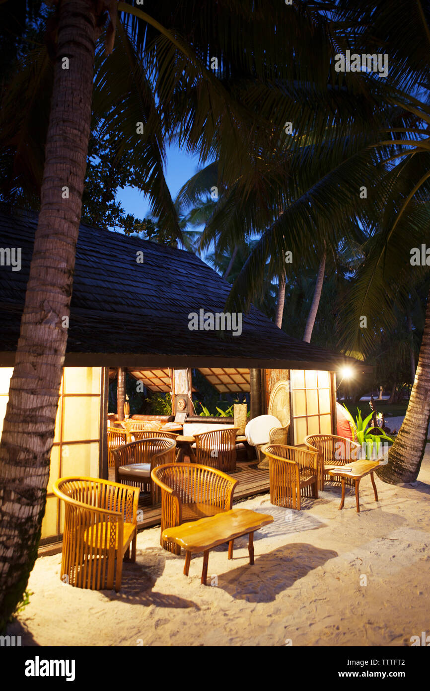 FRENCH POLYNESIA, Vahine Island. Dining room and dining tables on ...