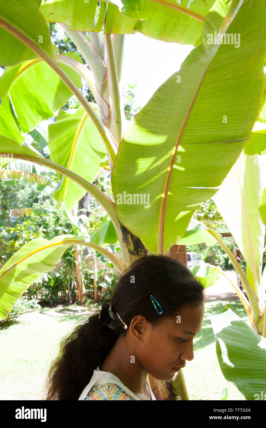 FRENCH POLYNESIA, Moorea. Portrait of girl standing under banana leaves ...