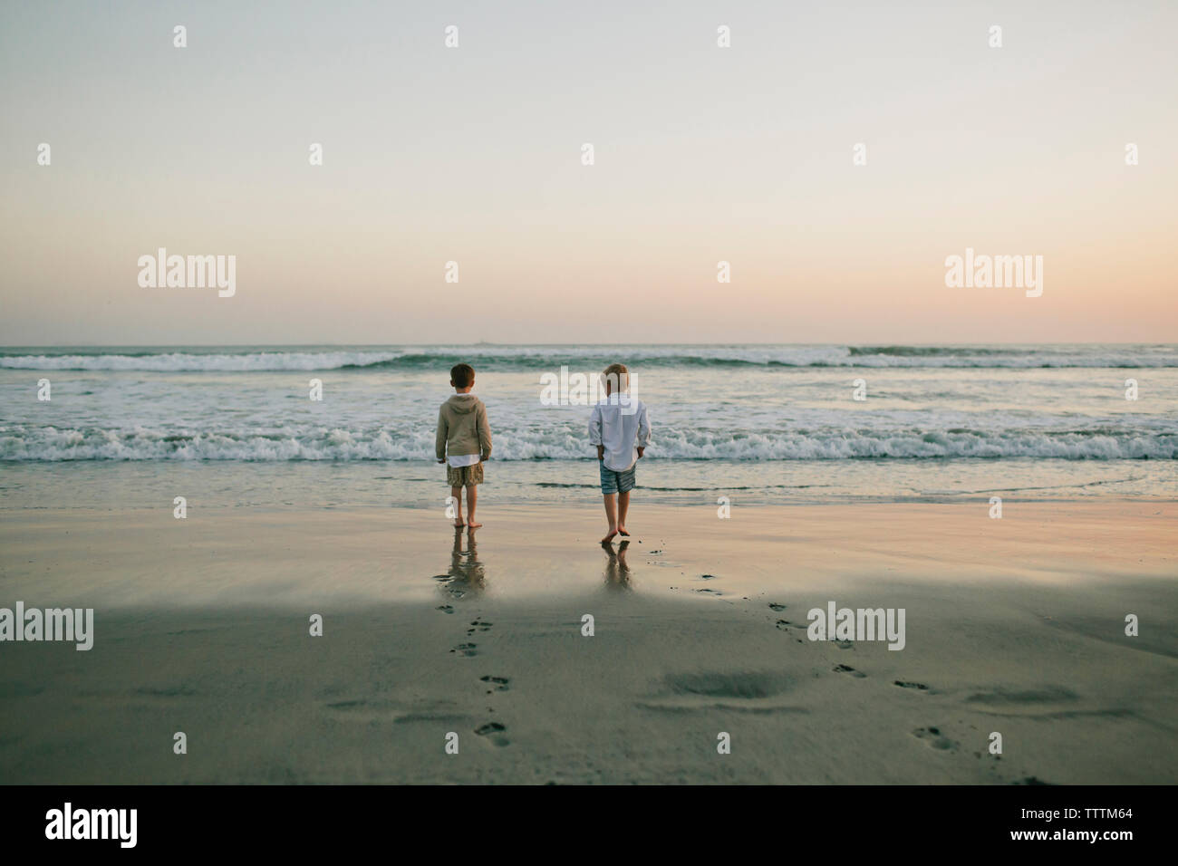 Rear view of brothers standing by sea against sky at beach Stock Photo ...