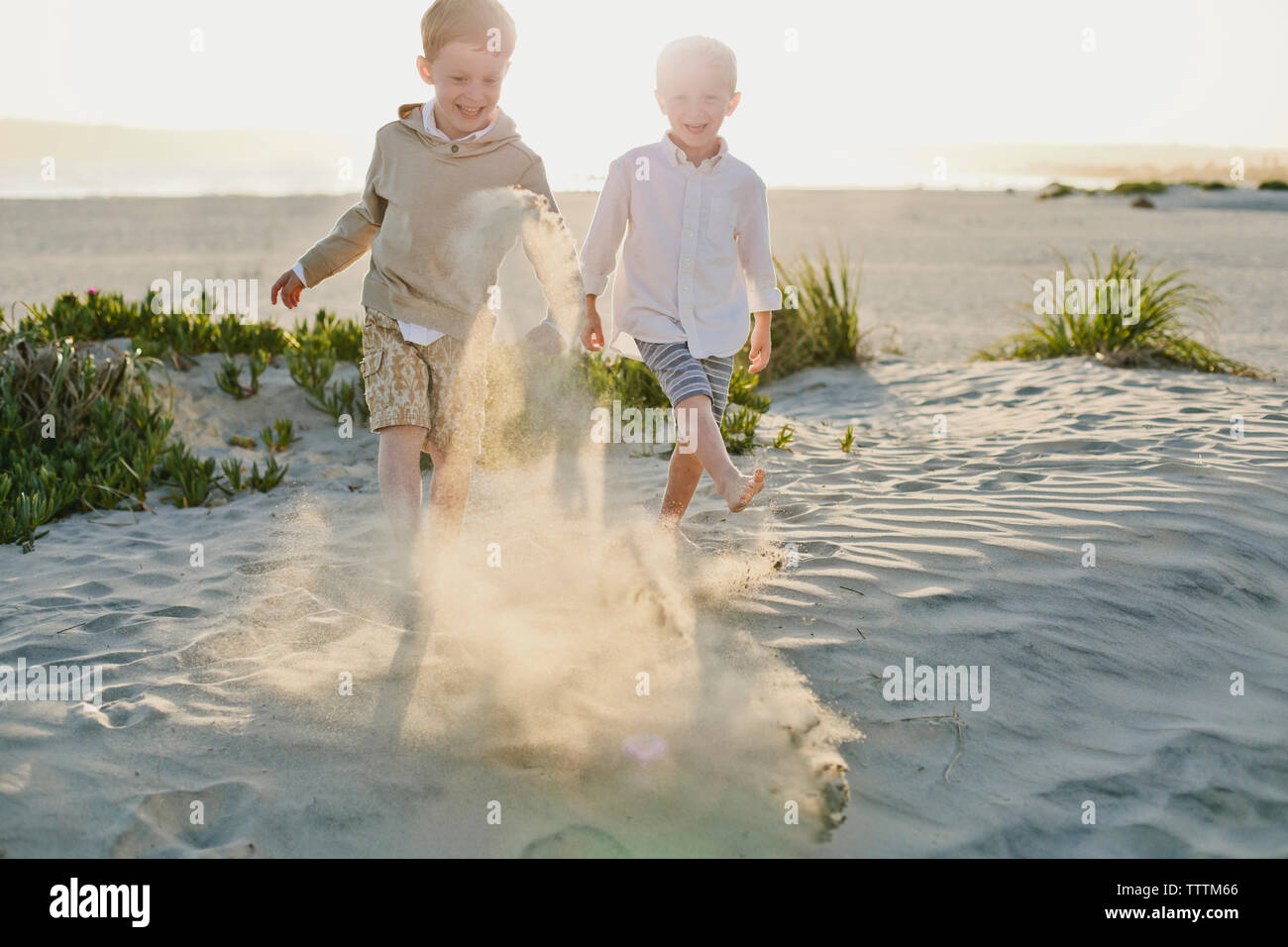 Playful brothers playing with sand at beach Stock Photo - Alamy