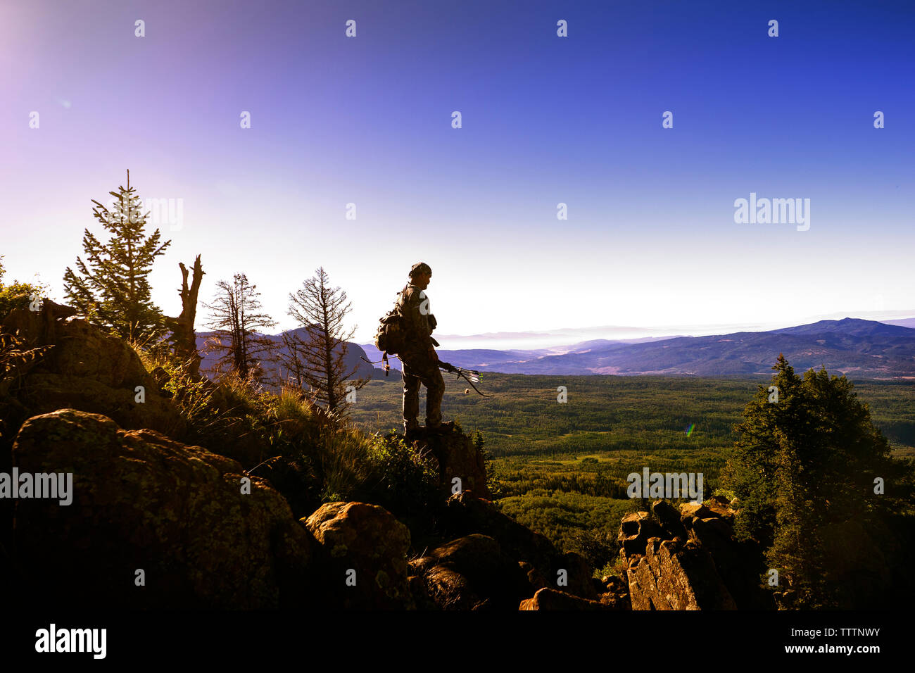 Side view of hunter standing on rock against clear sky Stock Photo - Alamy