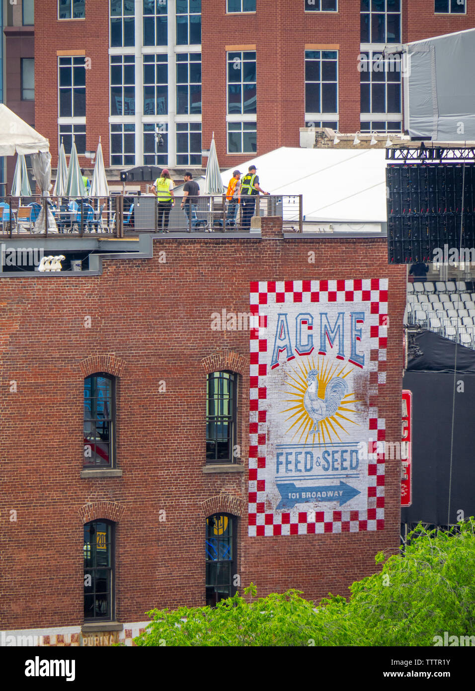 Red brick wall of Acme Feed & Seed restaurant and concert venue on ...