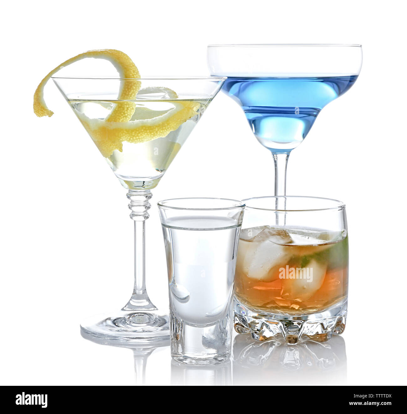 Different drinks on white background Stock Photo - Alamy