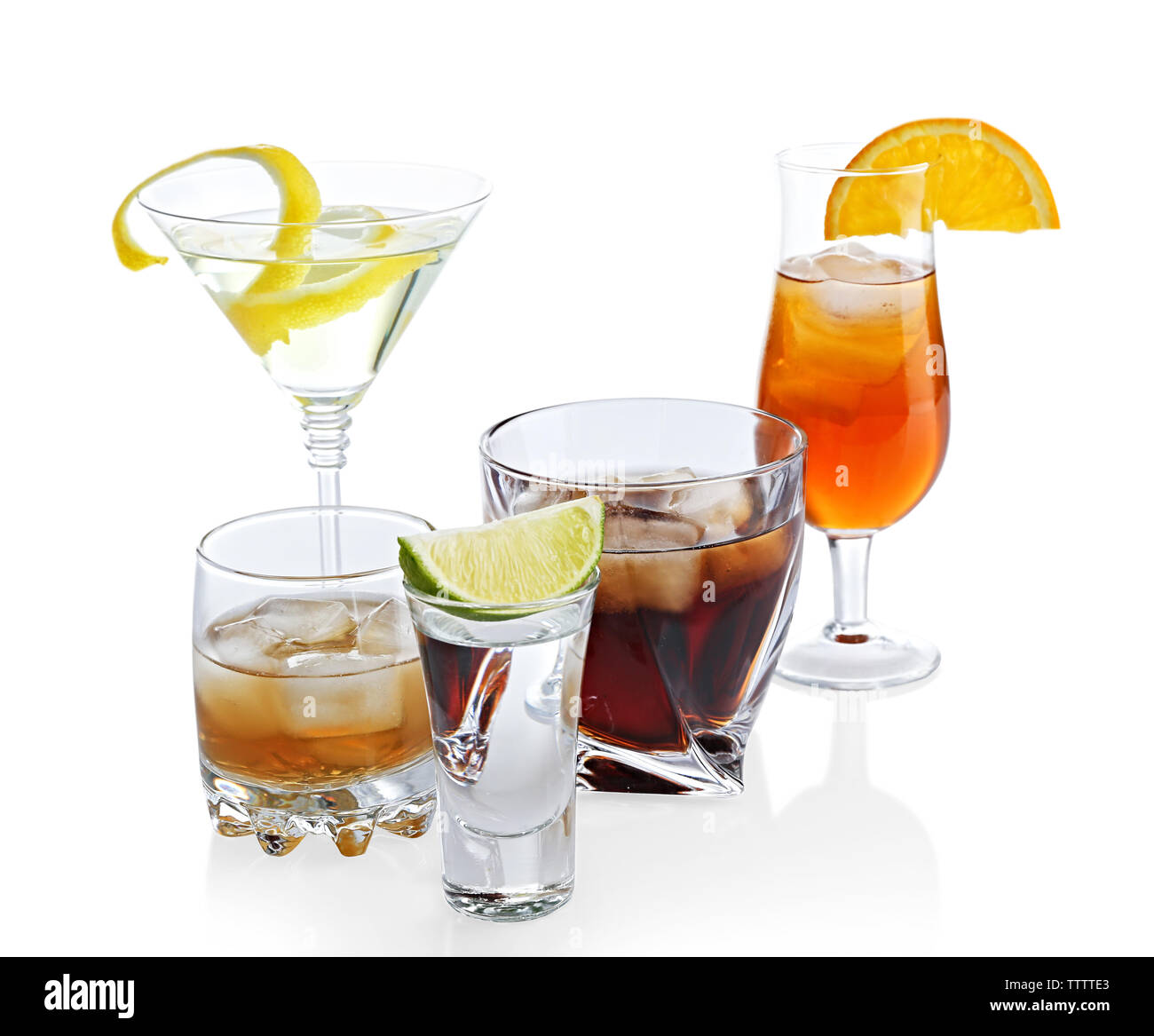 Different drinks on white background Stock Photo - Alamy